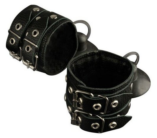 Чёрные наручники с ремешками на присосках , Sitabella, натуральная кожа, черный