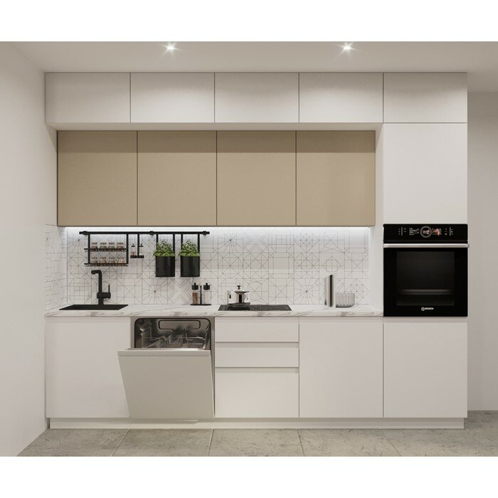 Кухонный гарнитур прямой трёхуровневый в потолок «Лайн 56», 3000 мм, цвет белый/тальк/пикрит/мрамор белый