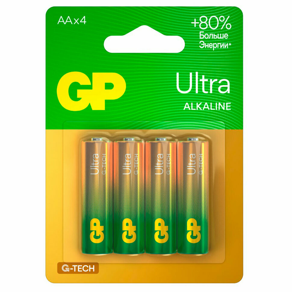 Батарейки комплект 4 шт, GP Ultra G-Tech, AA (LR6, 15А), алкалиновые, пальчиковые, 15AUA21-2CRSBC4, 457746