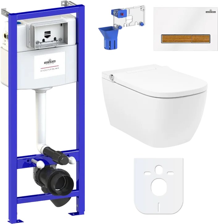 Комплект Lavinia Boho Унитаз подвесной Smart V-Clean 3359101R безободковый, с микролифтом / Инсталляция RelFix 38010010 / Кнопка RelFix белая, светлое дерево