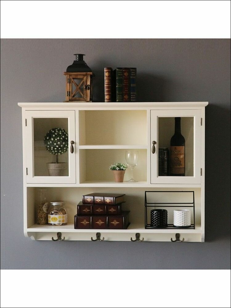 Навесной шкаф-витрина, стеклянная дверца, винтажная полка, внутренняя полка с крючками, 90x20x69 см77