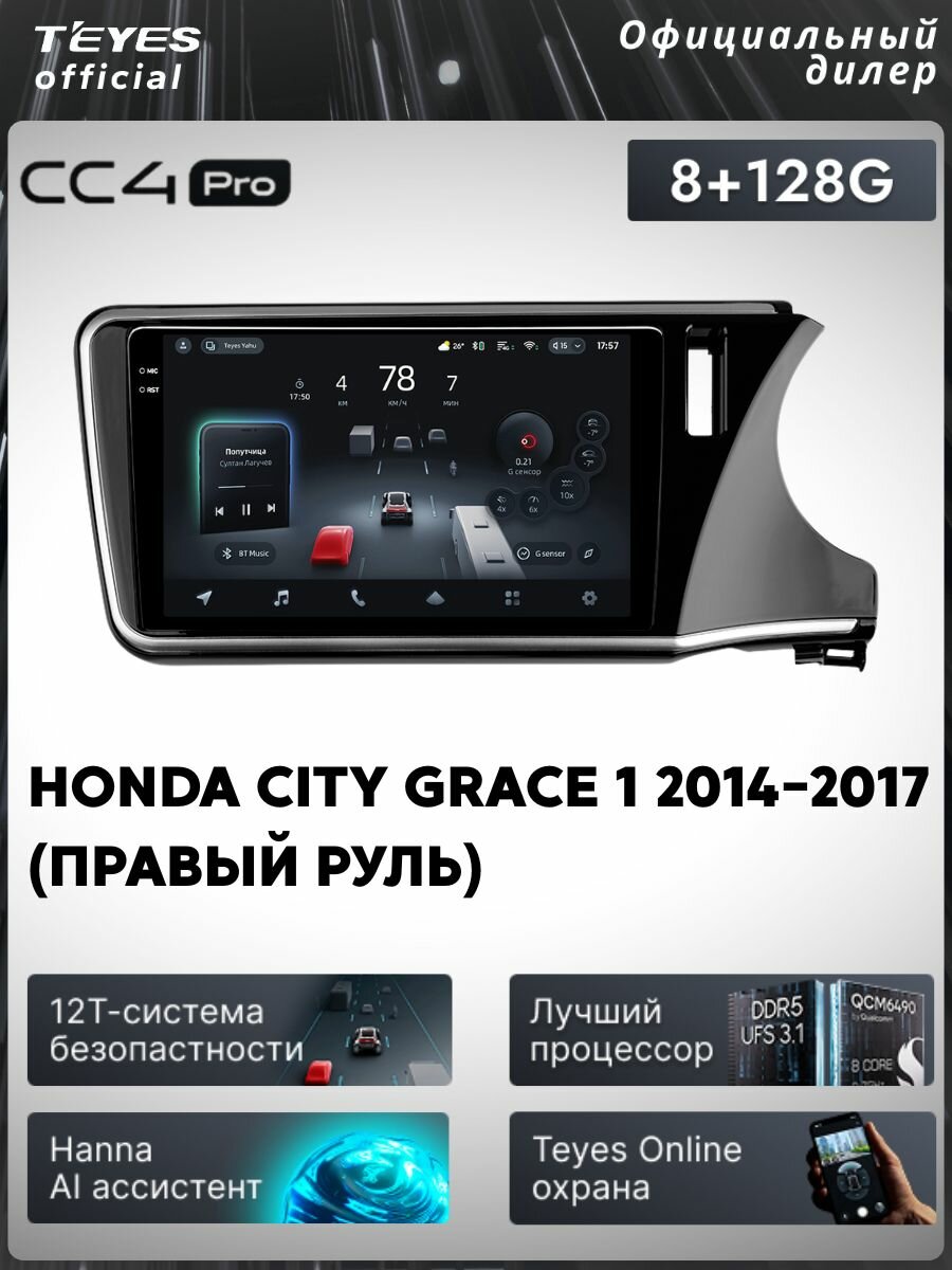 Магнитола Honda City Grace 1 (RHD) 2014-2017 (Комплектация A) Teyes CC4 Pro 8/128GB, штатная магнитола, 8-ми ядерный п