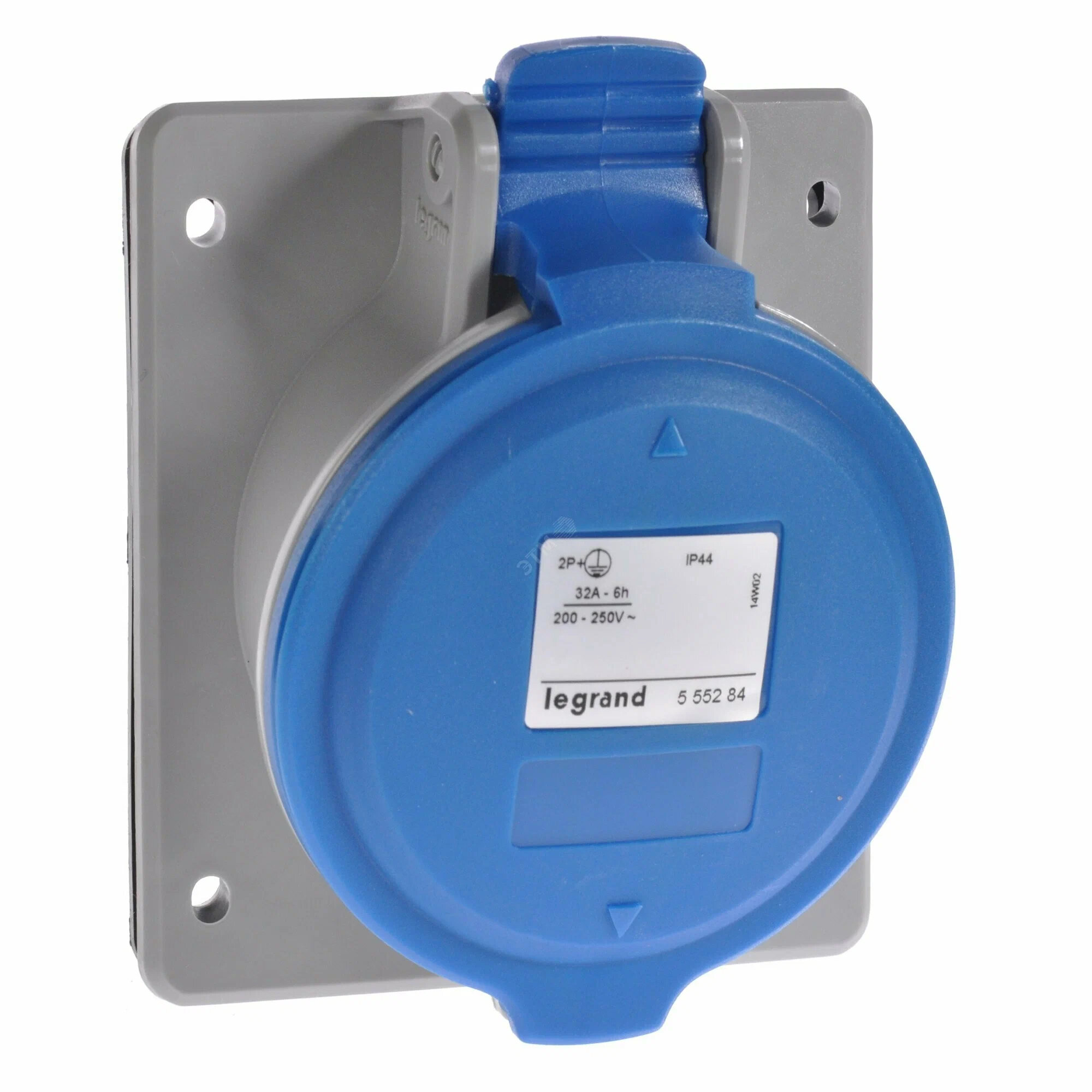 Розетка встраиваемая наклонная Legrand P17 Tempra Pro, IP 44, 200/250 В~, 32 A, 2К+З, арт. L555284, цвет серый/синий