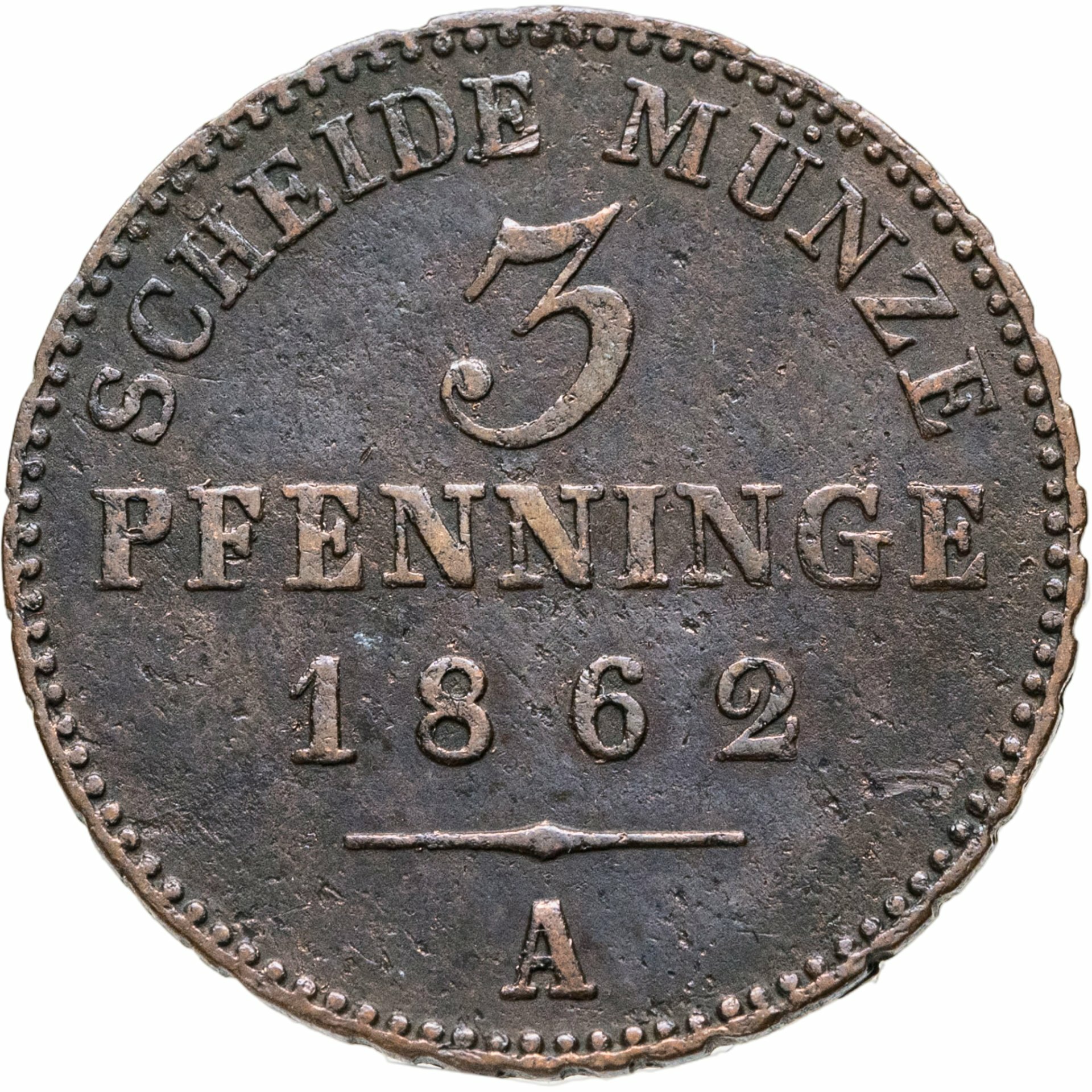 Германия, Пруссия 3 пфеннинга 1862 А, Медь, в сохранности VF