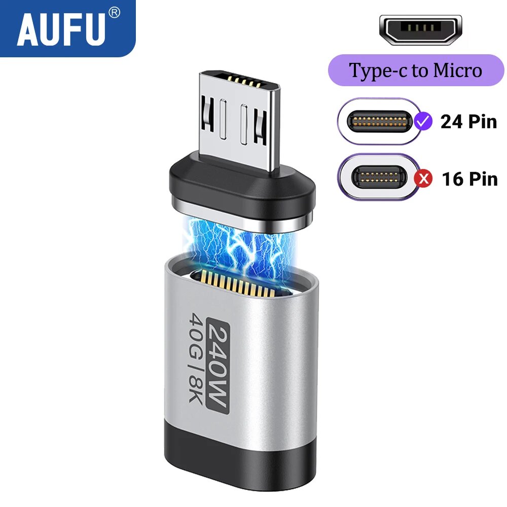 Магнитный адаптер AUFU 240 Вт, 24-контактный USB4.0 Thunderbolt3 USB C к магниту 24pin Adapter Mirco
