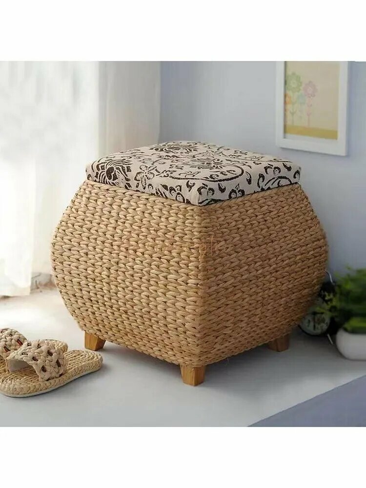 Скамейка для обуви с ящиком, ротанг, светло-бежевая, 41x41x41 см