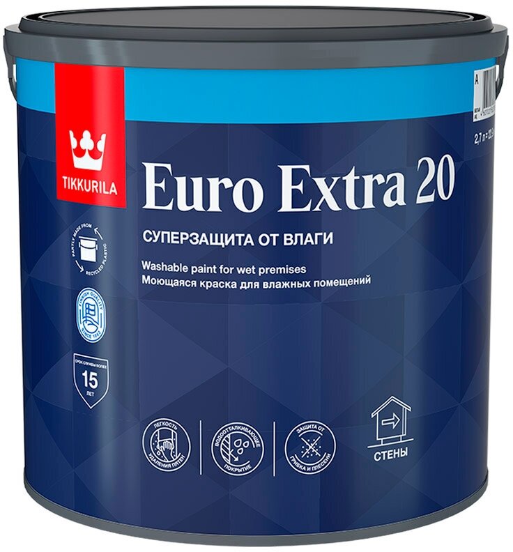 Краска моющаяся Tikkurila/Tikkivala Euro Extra 20 база А белая 2,7 л