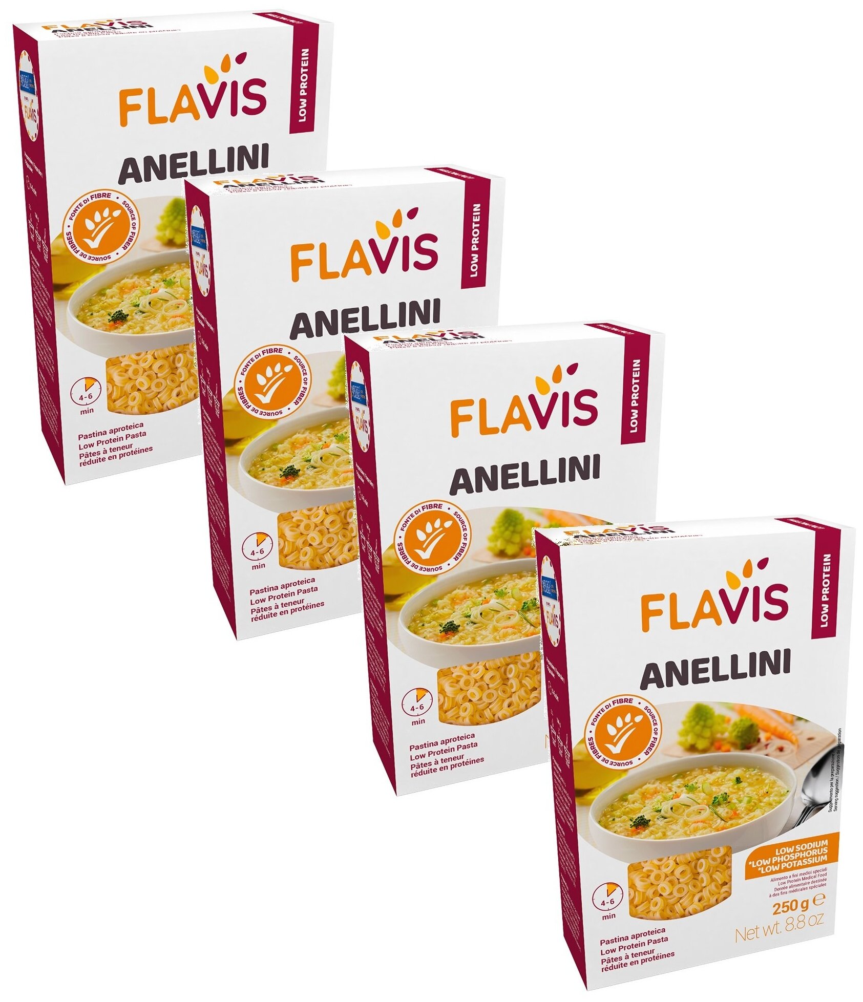 Макароны Flavis Колечки (Anellini) низкобелковые, 4 шт по 250 г