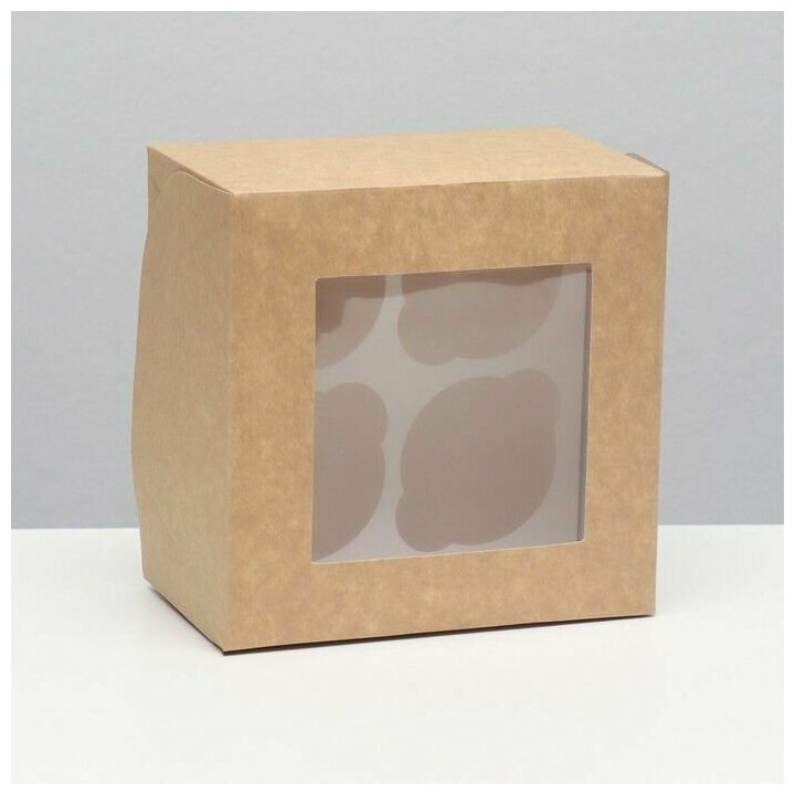 Упаковка под 4 капкейка с окном, крафт, 16 х 16 х 10 см