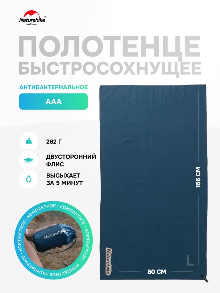 Naturehike Полотенце туристическое 156х80 см, быстросохнущее, синее, Quick Drying Towel