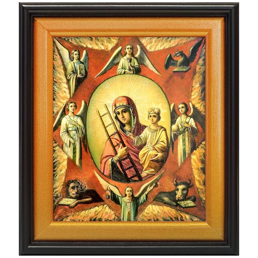 Икона Божией Матери "Неопалимая Купина" с лестницей, XIX в, в широком деревянном киоте 24*27,5 см