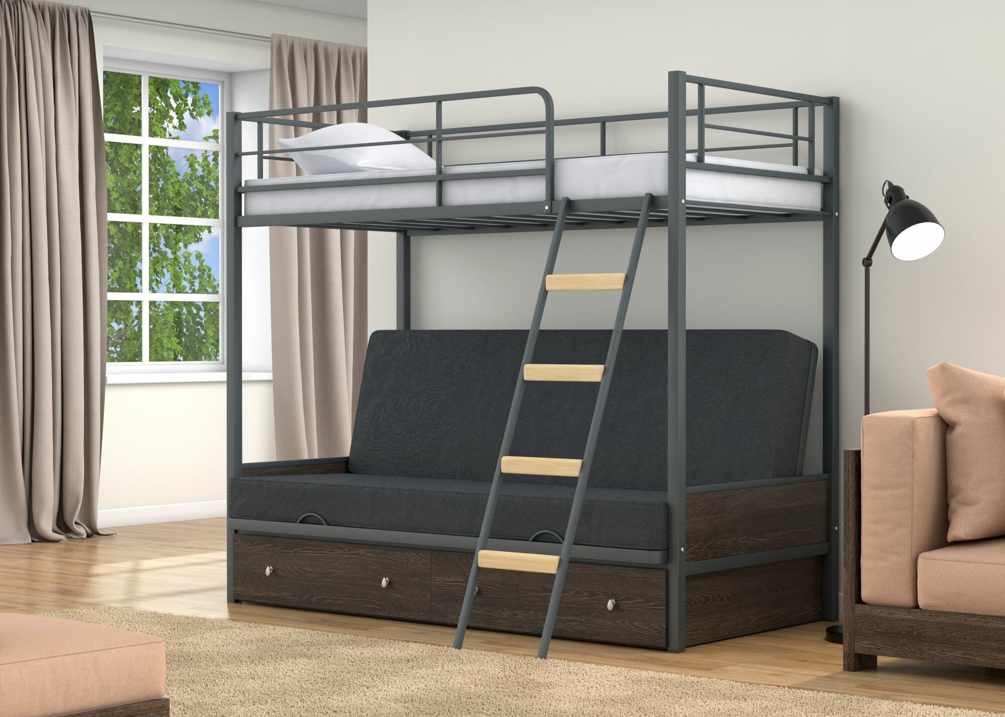 Двухъярусная кровать-диван Дакар 2 Серый с выкатными ящиками Венге