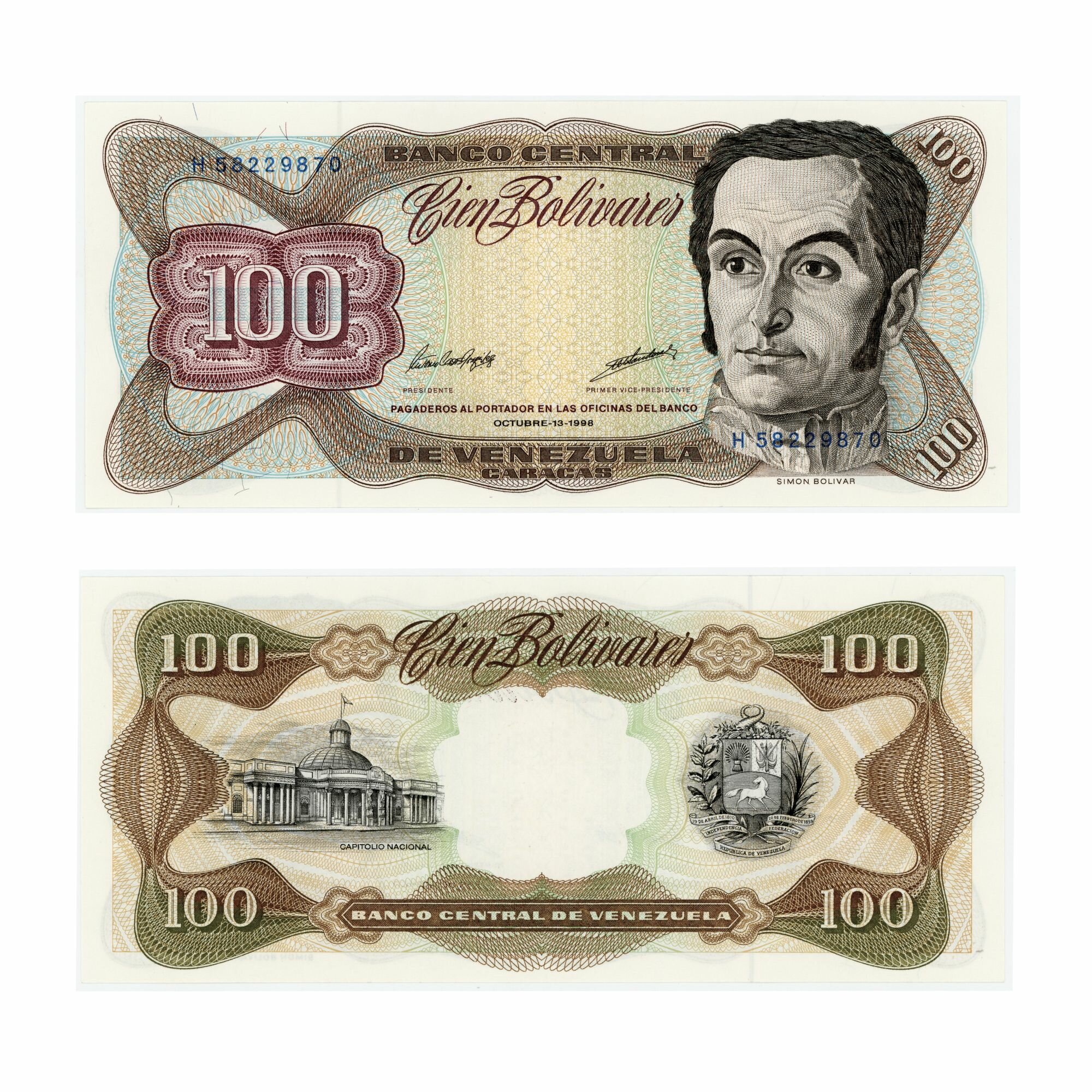 Банкнота Венесуэла 100 боливар CIEN BOLIVARES 1998 год Uncirculated (UNC) Pick 66