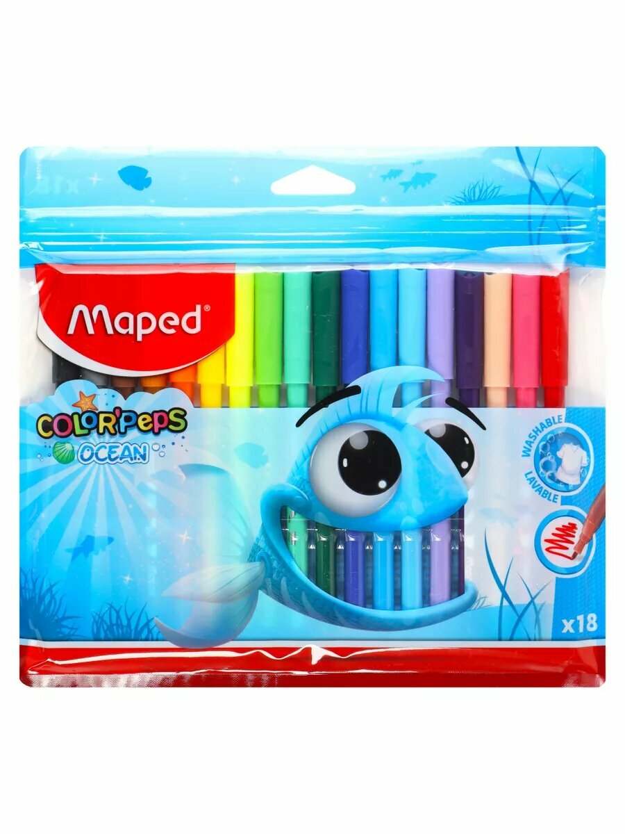 Фломастеры Maped Ocean, 18 смываемых цветов, круглый корпус, конический наконечник