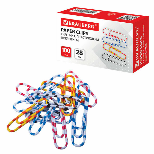 BRAUBERG скрепки 28 мм, 100 шт мультиколор - офисные канцелярские приспособления