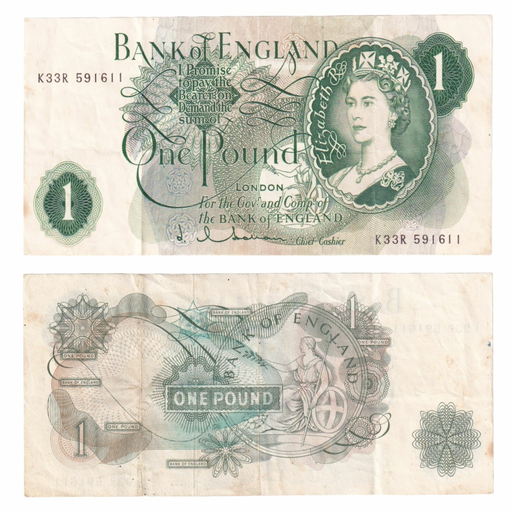 Банкнота Великобритания 1 фунт ONE POUND 1962-66 гг. (VF) Pick 374с