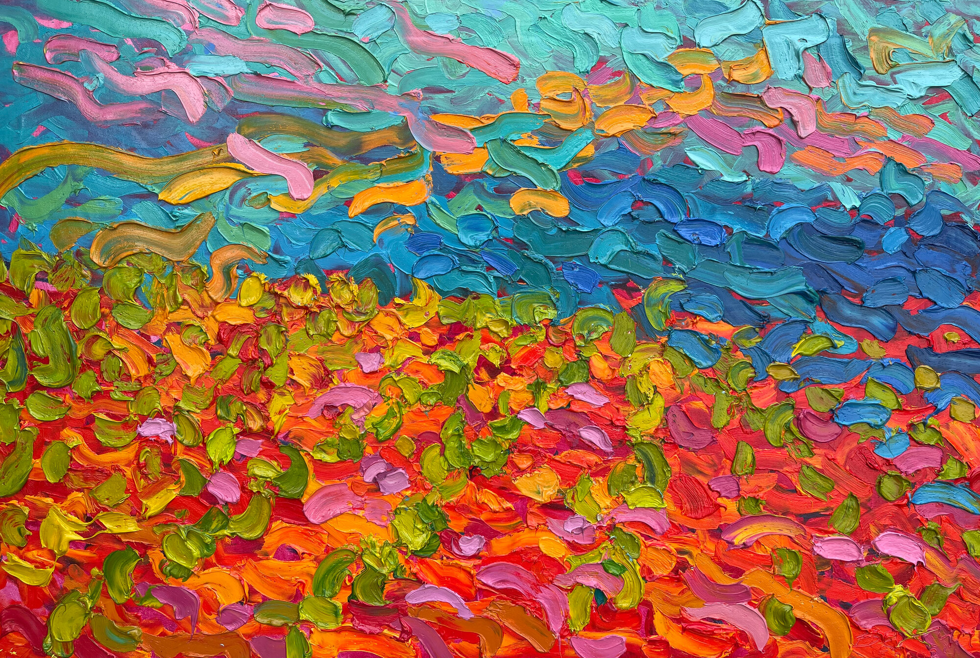 Фактурная картина маслом на холсте, "Виноградник в лучах солнца", 80х120 см