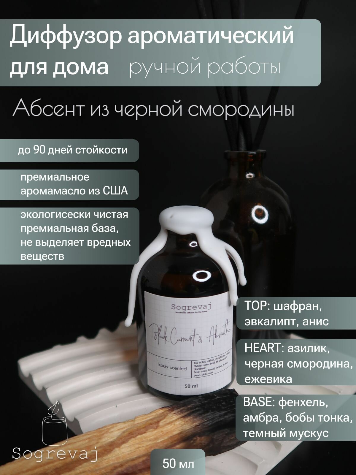 Ароматический диффузор для дома, парфюм с палочками с ароматом "Абсент из черной смородины", 50 мл