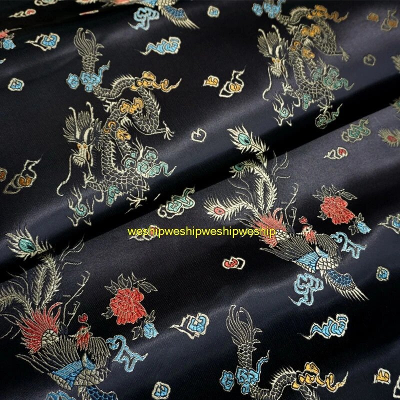 Вискозная ткань с китайским узором Дракон Феникс Темно-синий, 2