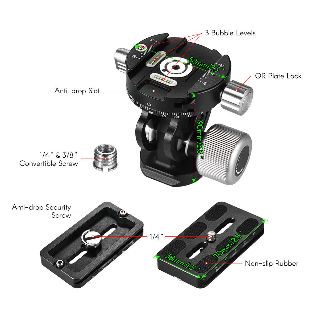 Top Geek, Andoer VH-10 2 Way Pan / Tilt Tripod Head Панорамный монитор для наблюдения за птицами, Andoer