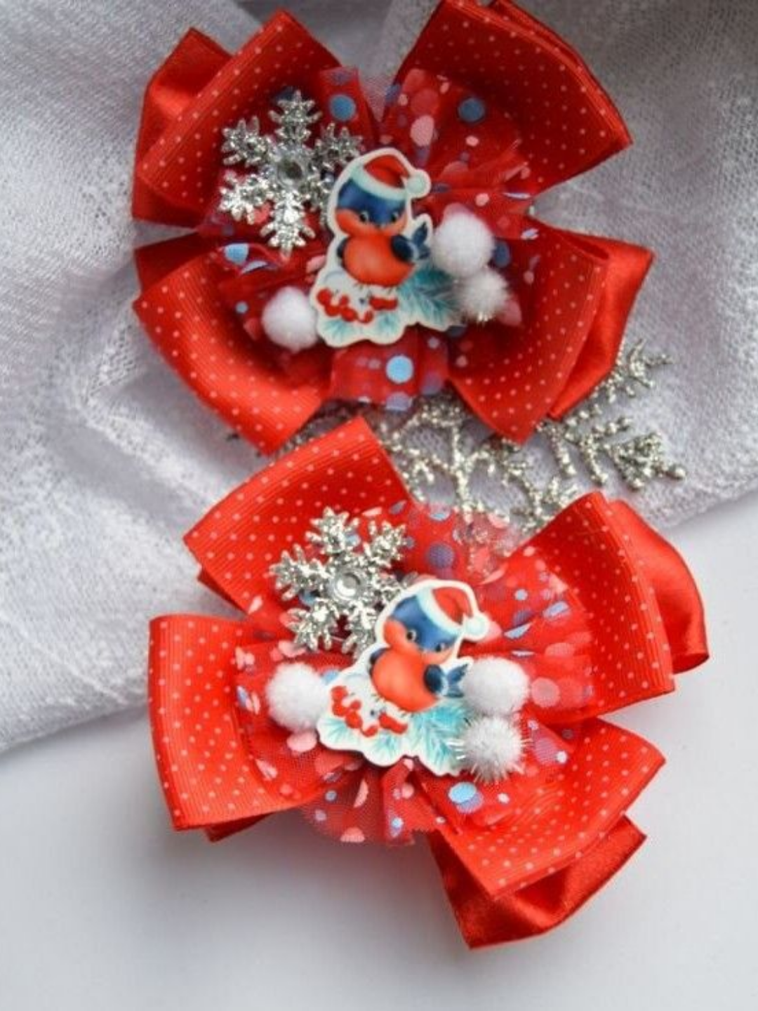 Бантики для волос PU-PU "Снегири" Pu-Pu, для девочек, ручная работа комплект 2 шт.