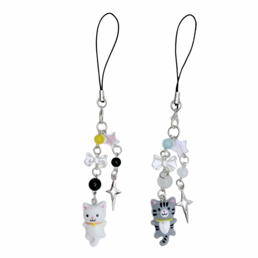 Набор из 2 предметов, подвеска для мобильного телефона с мультяшной кошечкой в виде звезды бисера-черно-белый
