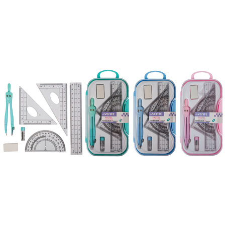 Набор чертежный с циркулем 7 предметов: циркуль, линейка, транспортир, 2 угольника, набор грифелей, пластиковый футляр