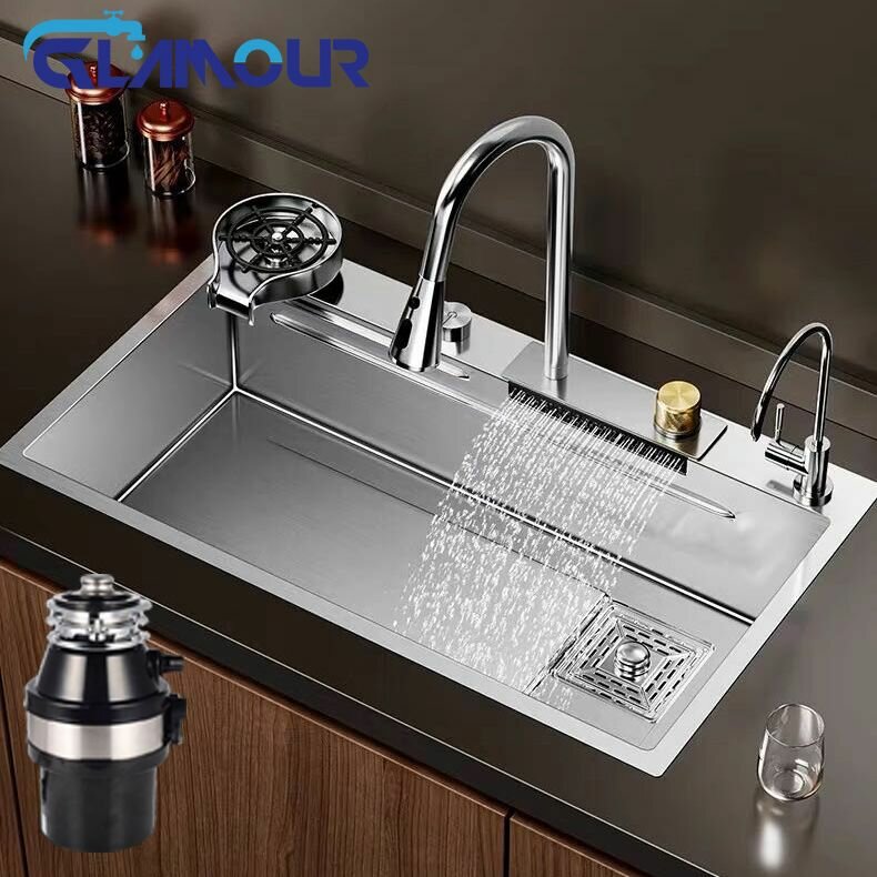 Мойка для кухни GLAMOUR хром Полный комплект с Измельчитель бытовых отходов /выдвижным краном, краном для мойки чашек/очистки воды, автоматическим контролем слива и т. д.