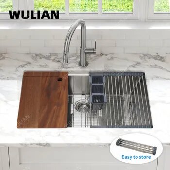 Мойка для кухни врезная раковина из нержавеющей стали (813*483MM) с коландером, дозатором и сифоном, Разделочная доска, Корзинка битумной воды