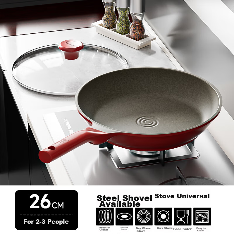 Red Kitchen Titanium Non-Stick Ceramic Frying Pan for Home Use, Suitable for Eggs, Steak, Compatible with Induction And Gas Stoves, 26cm
