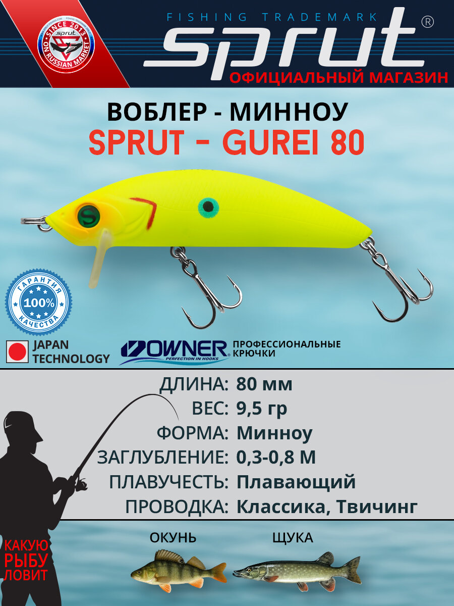 Воблер Sprut Gurei Floating/80mm/9,5g/0,3-0,8m/LBL