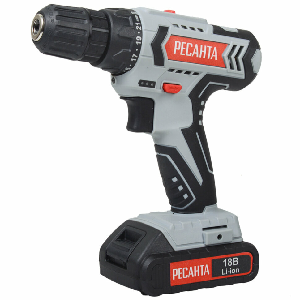 Дрель-шуруповерт аккумуляторная, 18 В, 1400 об/мин, 2 аккуммулятора, 2 Ач, РЕСАНТА ДА-18-2ЛК 75/14/5, 671107