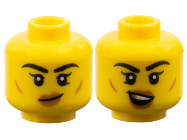 Minifigure, Head Dual Sided Female Black Thick Eyebrows, Single Eyelashes, Lower Eyelid, Medium Nougat Small Cheek Lines and Lips, Lopsided Grin / Open Mouth Smile with Top Teeth and Gold Tooth Pattern, 3626pb3772 Yellow N