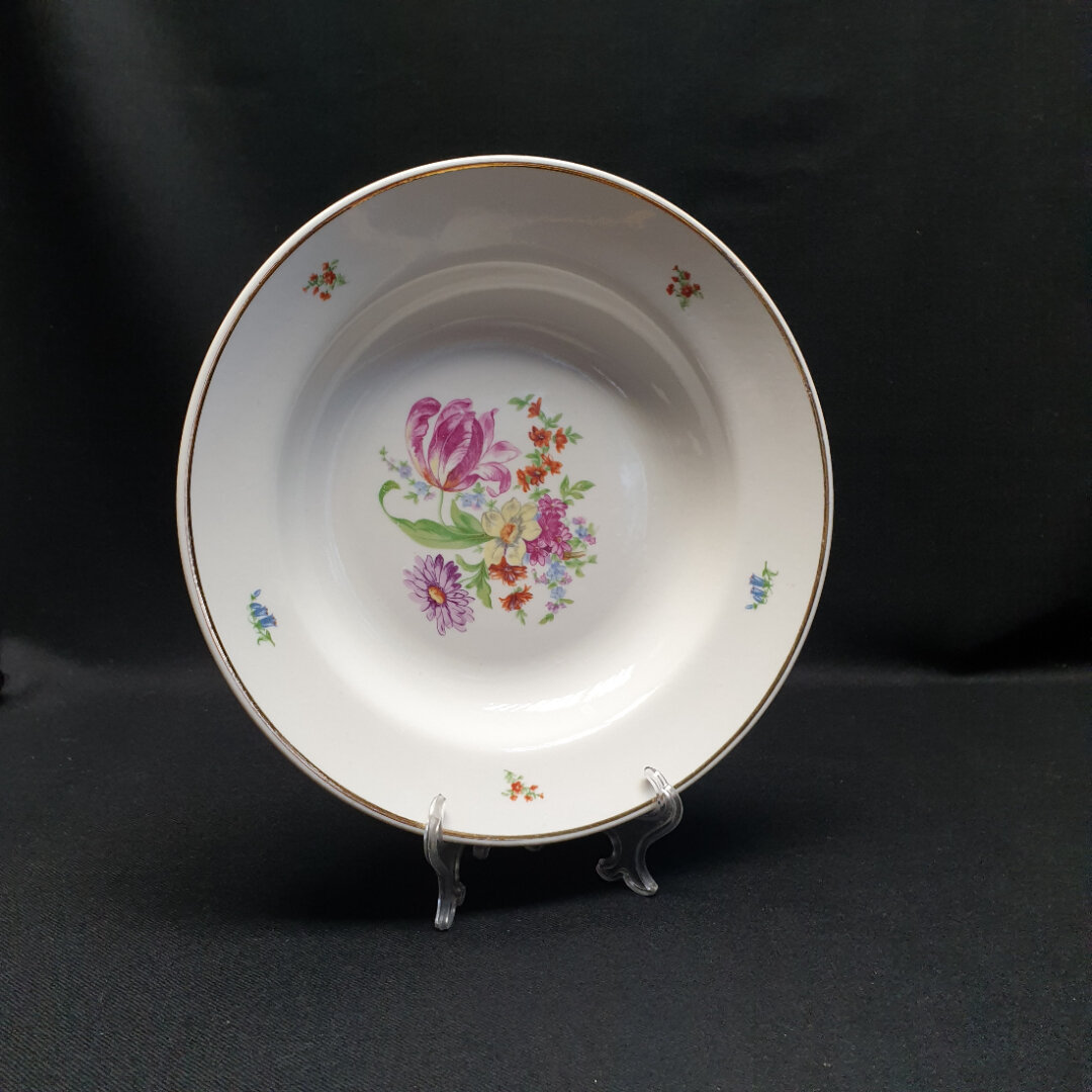 Суповая тарелка Дулева, фарфор деколь позолота 24 см, винтаж