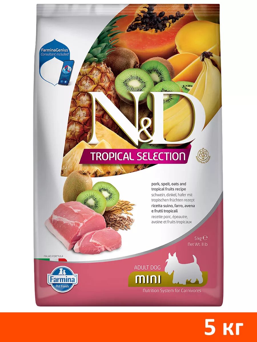 Корм сухой Farmina Dog N&D Tropical Selection Adult Mini Pork для взрослых собак мелких пород со свининой, 5 кг