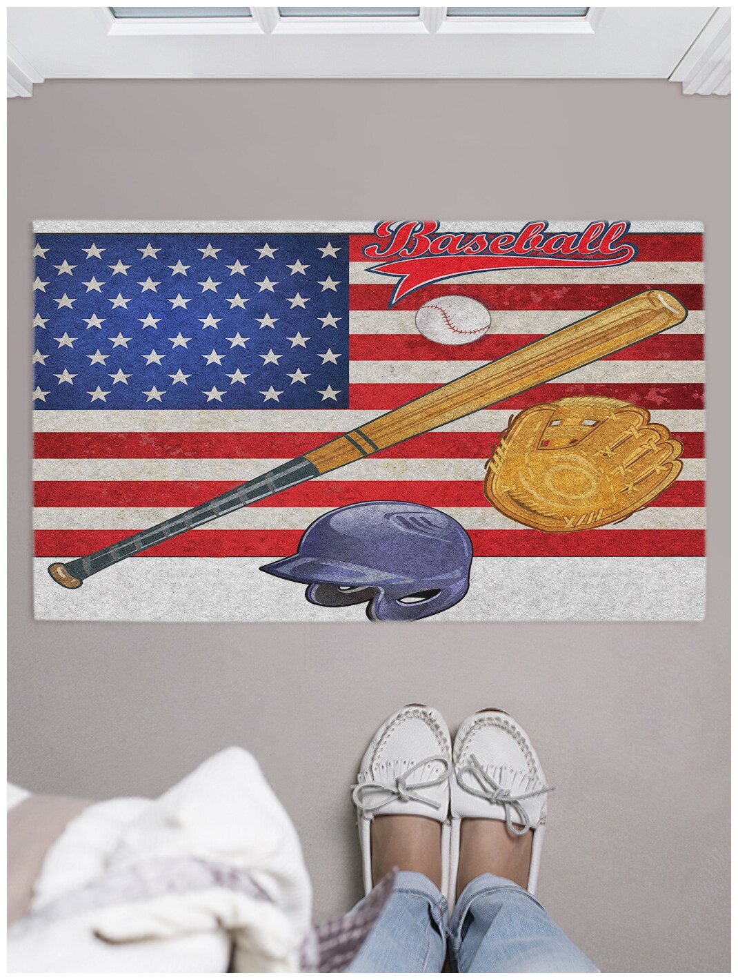 Коврик придверный в прихожую с принтом "Бейсбольная Америка" 45 на 75 см , JoyArty
