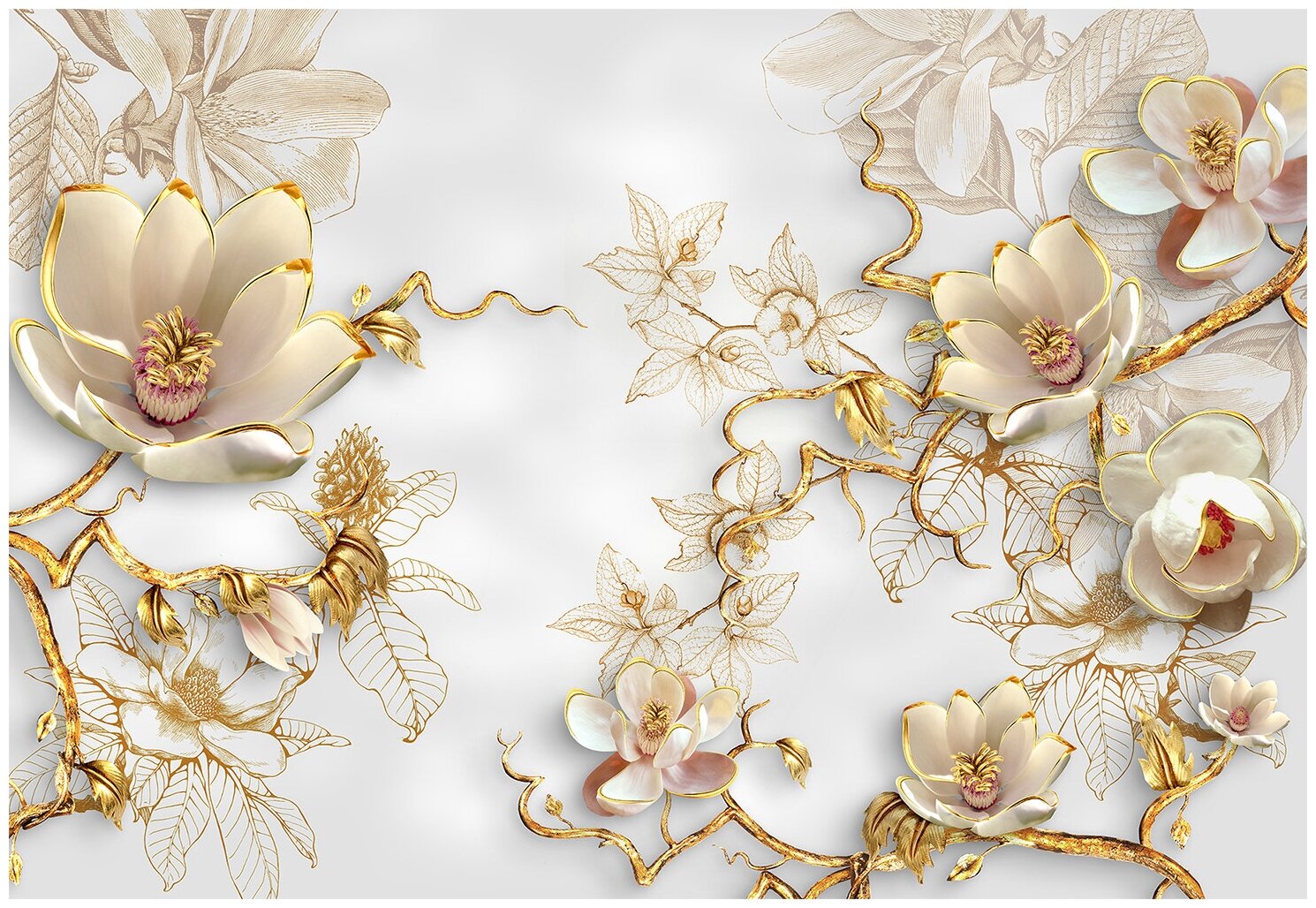 Фотообои Уютная стена "Объемные 3D золотые цветы" 390х270 см Виниловые Бесшовные (единым полотном)