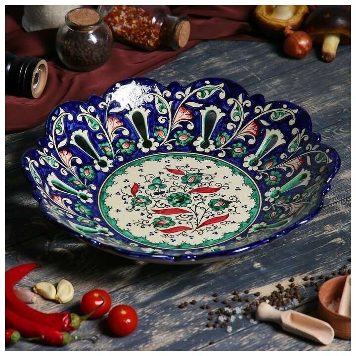 Фруктовница узбекская Риштанская Керамика «Цветы», 33×6 см, синяя
