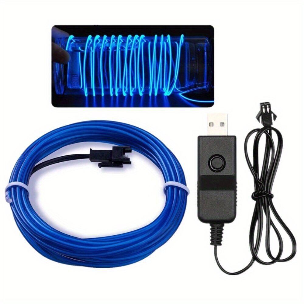 Комплект электролюминесцентной светящейся ленты с USB-драйвером и переключателем на 3 режима, декоративная гирлянда для творчества и танцевального реквизита, 5 м (196 дюймов), синий