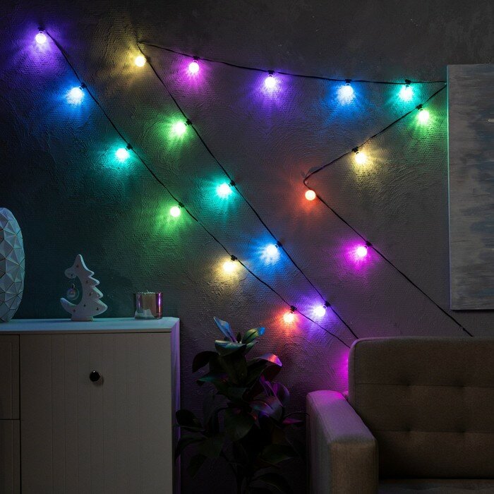 Luazon Lighting Умная гирлянда «Нить» 6 м с насадками «Калейдоскоп», IP20, тёмная нить, 20 LED, свечение RGB, USB