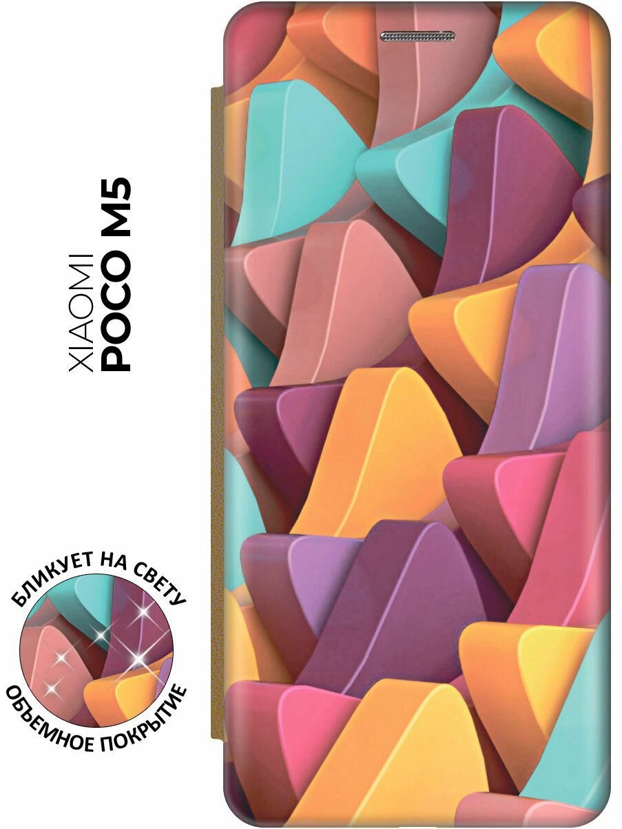 Чехол-книжка Желто-розовые фигуры на Xiaomi Poco M5 / Сяоми Поко М5 с эффектом блика золотой