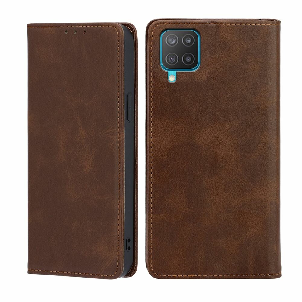 Чехол-книжка MyPads для Samsung Galaxy M12 (SM-M127F) / Самсунг М12, Телячья кожа, закрывающаяся на магнит, коричневый