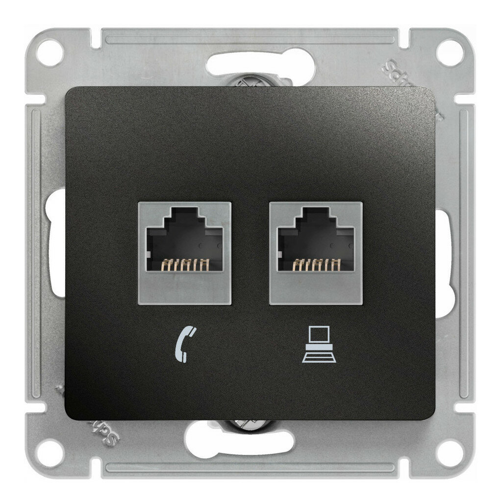 Розетка компьютерная + телефонная 2-м СП Glossa RJ45 + RJ11 кат.5E механизм антрацит SchE GSL000785