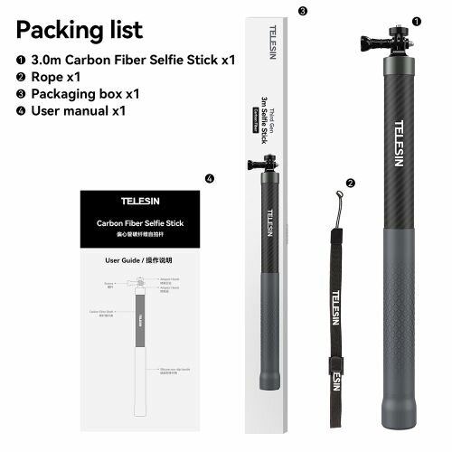 Карбоновый монопод Telesin 44-300 см. для GoPro, Sony, DJI, Insta360.
