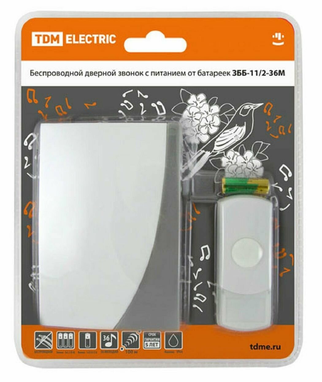TDM Звонок беспроводной 36 мелодий от батареи 3хАА с кнопкой, 70 дБ, IP44, 100 м, белый