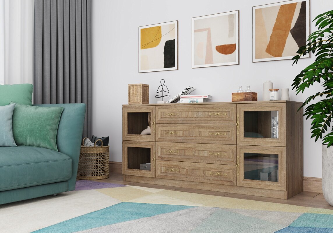 Комод МебельЛэнд24 Карлос - 062 Дуб Сонома 160x45x75 дуб светлый с 4 ящиками