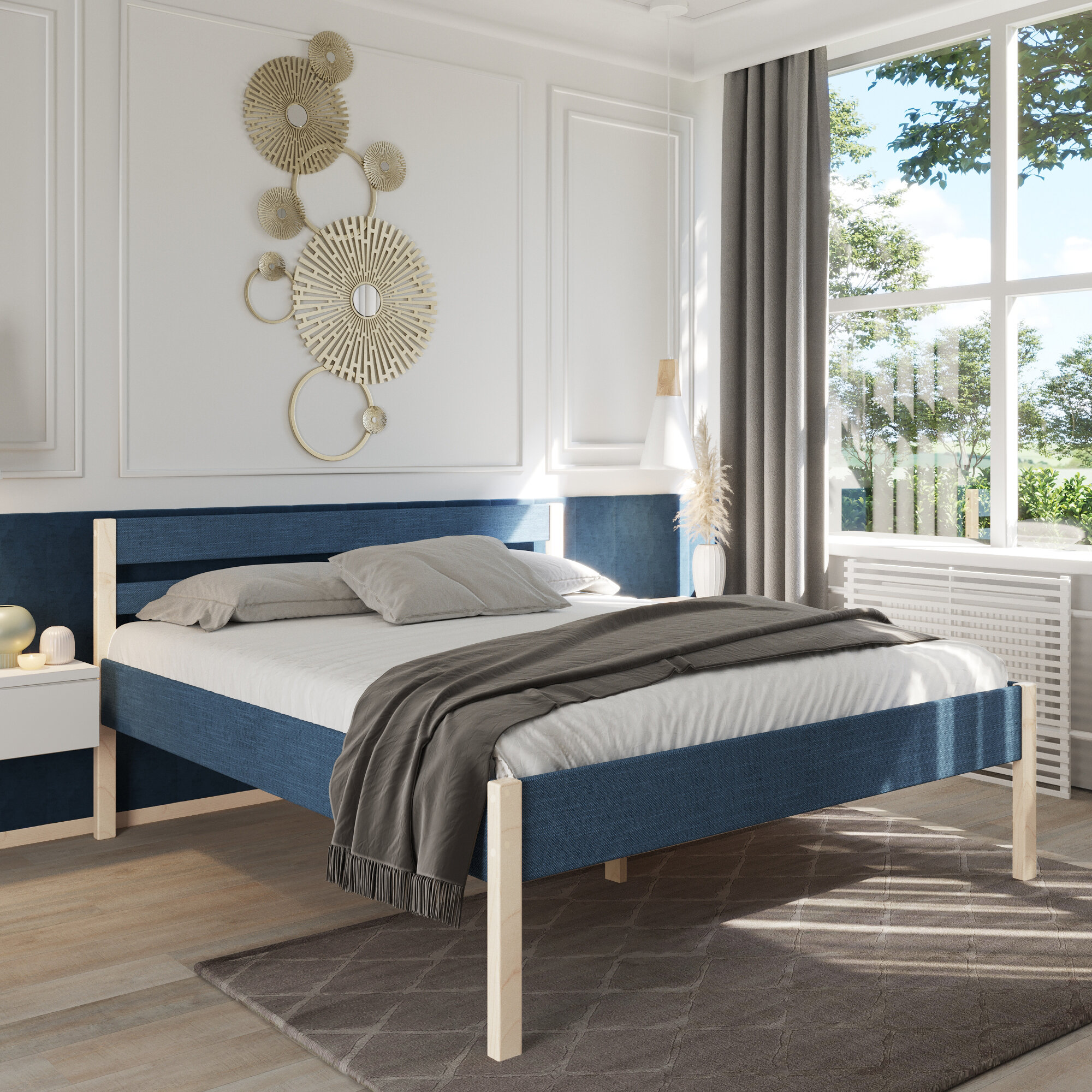 Кровать двуспальная, 160х190 см, Hansales, деревянная, высокая, из массива березы, ткань синяя