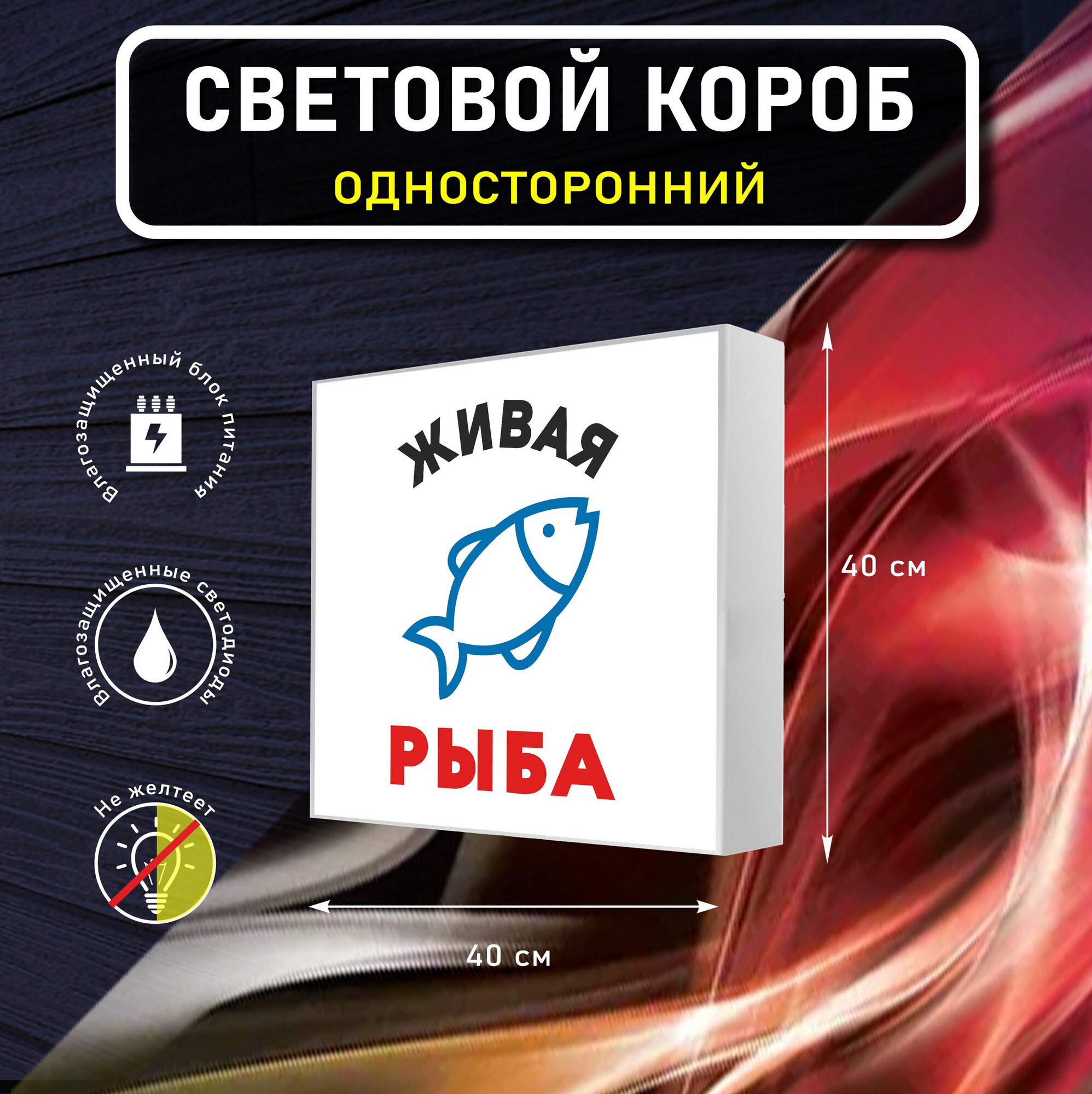 Вывеска световая квадратная живая рыба / лайтбокс / объемный односторонний световой короб с подсветкой