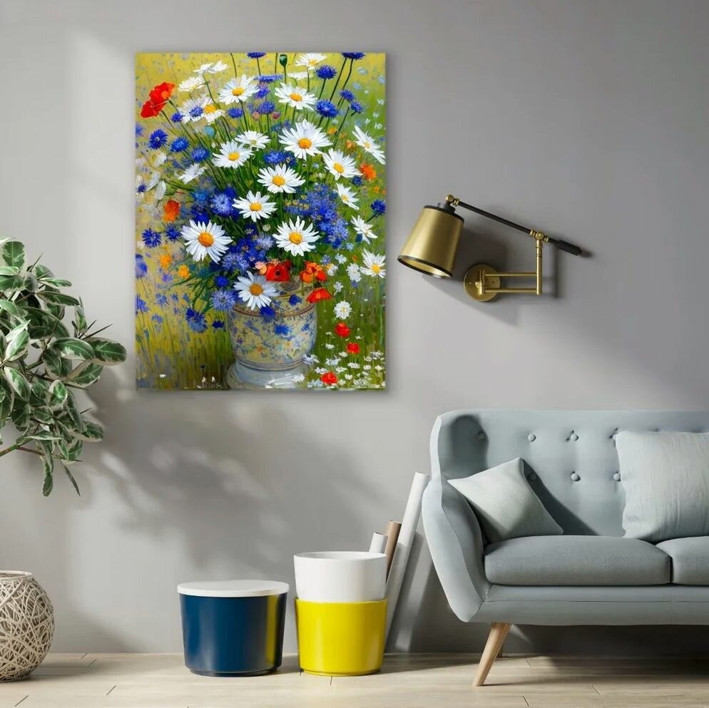 Картина для интерьера на холсте "Букет полевых цветов в вазе" 30х40 см