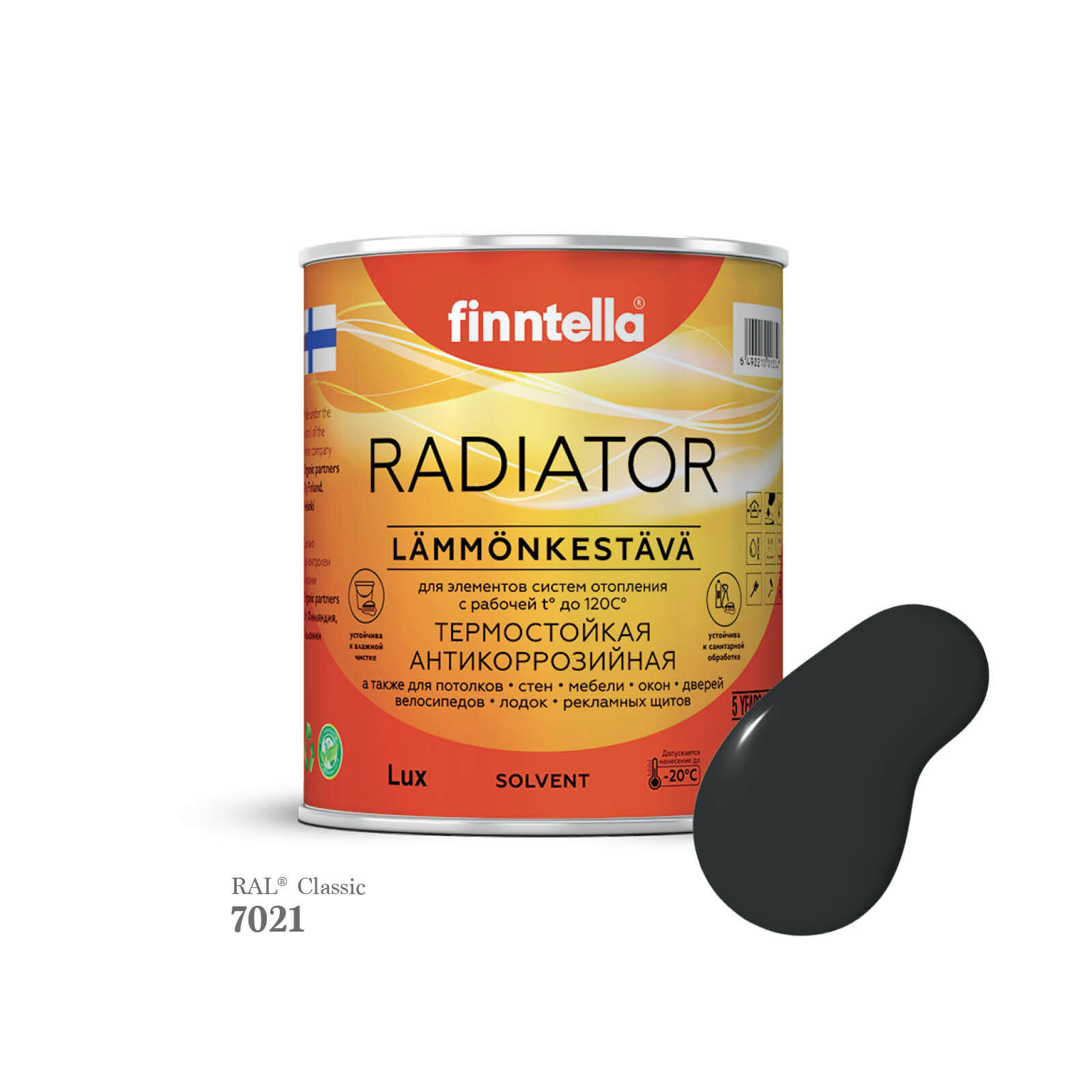 Краска для радиаторов быстросохнущая финская эмаль FINNTELLA RADIATOR, цвет RAL7021 , 0,9л
